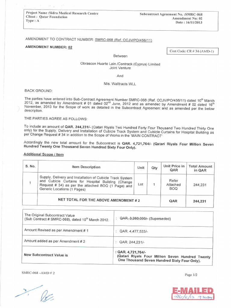 OCJV-PO-456-11 Rev.0 Subcontract Agreement Waltracts WLL Amendment No.02 | PDF