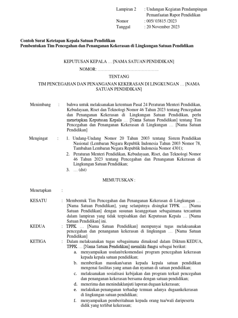 Lampiran 2 - Contoh SK Kepala Satuan Pendidikan Pembentukan TPPK LAMPIRAN UNDANGAN 1 | PDF