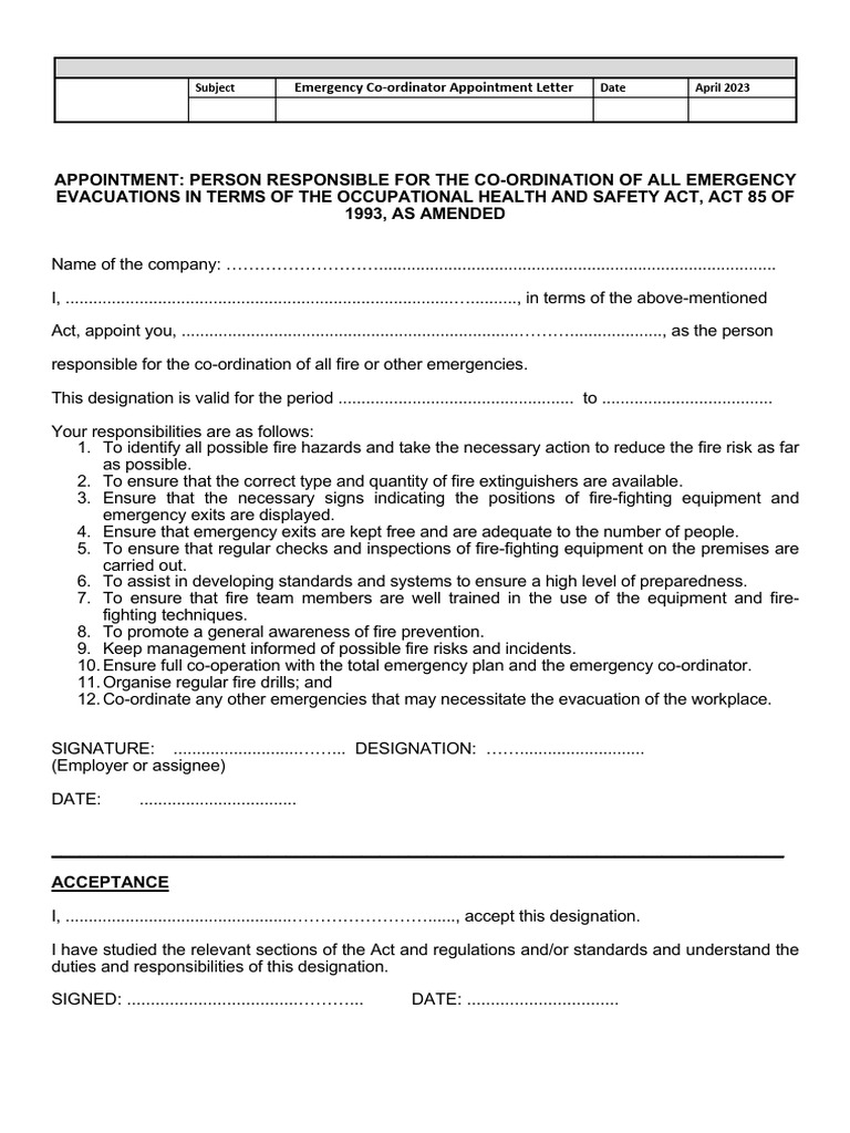 Emergency Coordinator Appointment Letter | PDF | Fire Safety | Firefighting