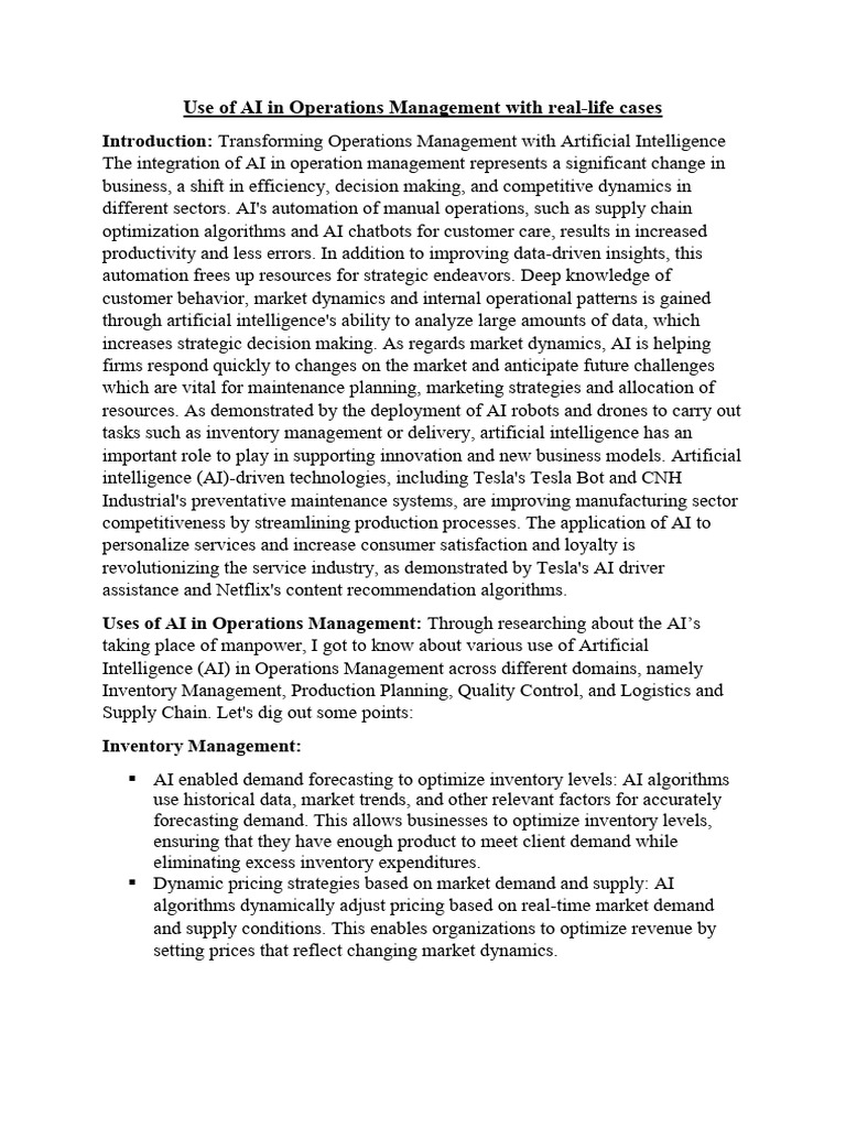 Use of AI in Operations Management with real-life cases | PDF | Artificial Intelligence ...