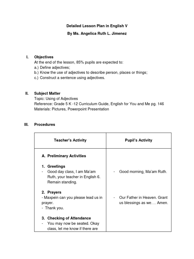 Grade 5 Adjectives Lesson Plan | PDF | Adjective | Noun