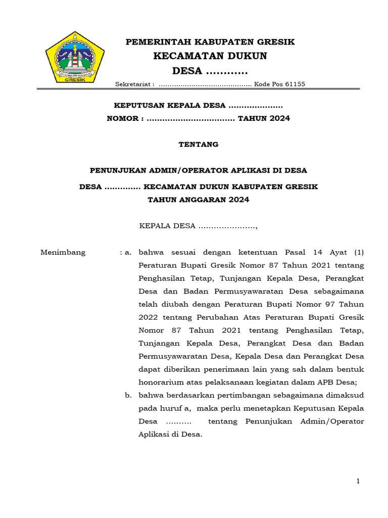 Contoh SK Admin-Operator Aplikasi Di Desa | PDF | Griya & Taman