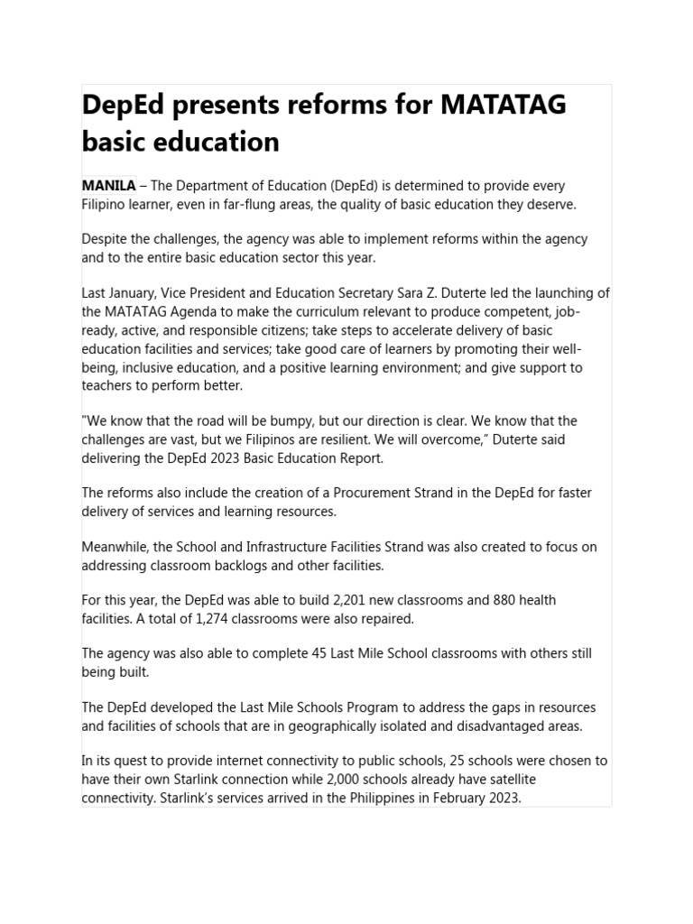 DepEd's MATATAG Agenda for Education Reform | PDF | Rodrigo Duterte ...