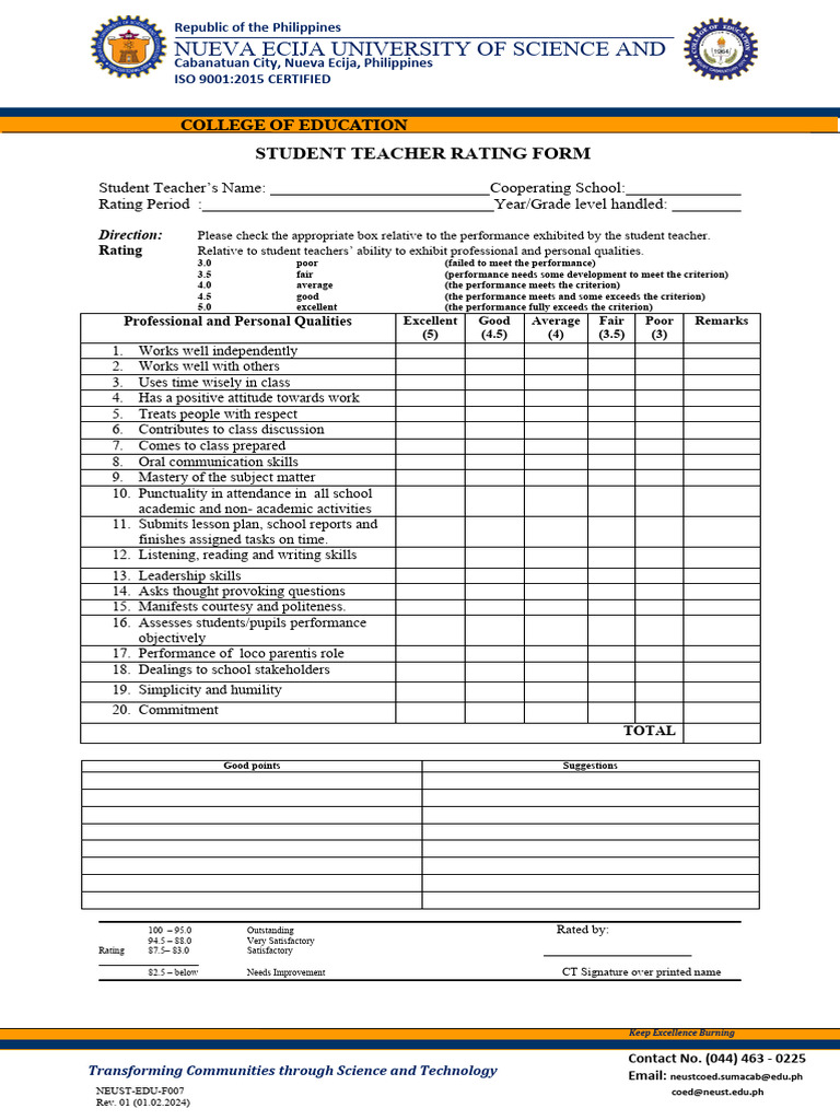 Neust Edu F007 Student Teacher Rating Form | PDF | Teachers | Learning