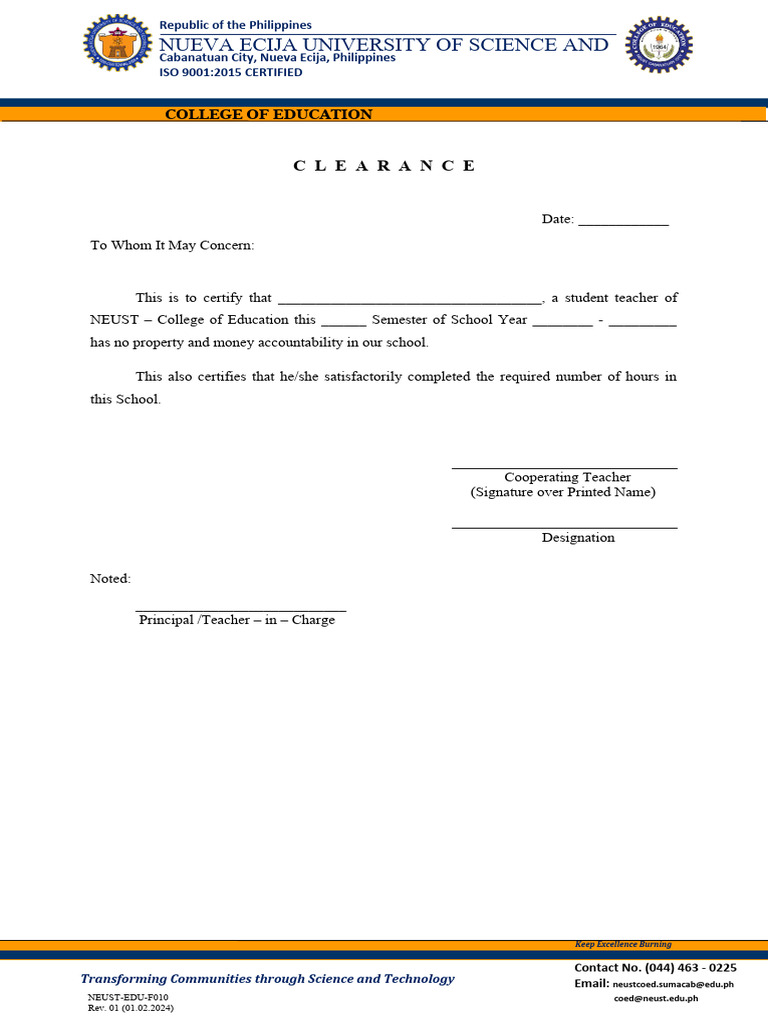 NEUST College of Education Clearance Form | PDF