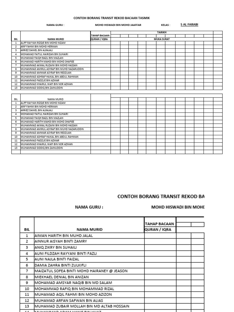 Contoh Borang Rekod Tasmik 2023 | PDF