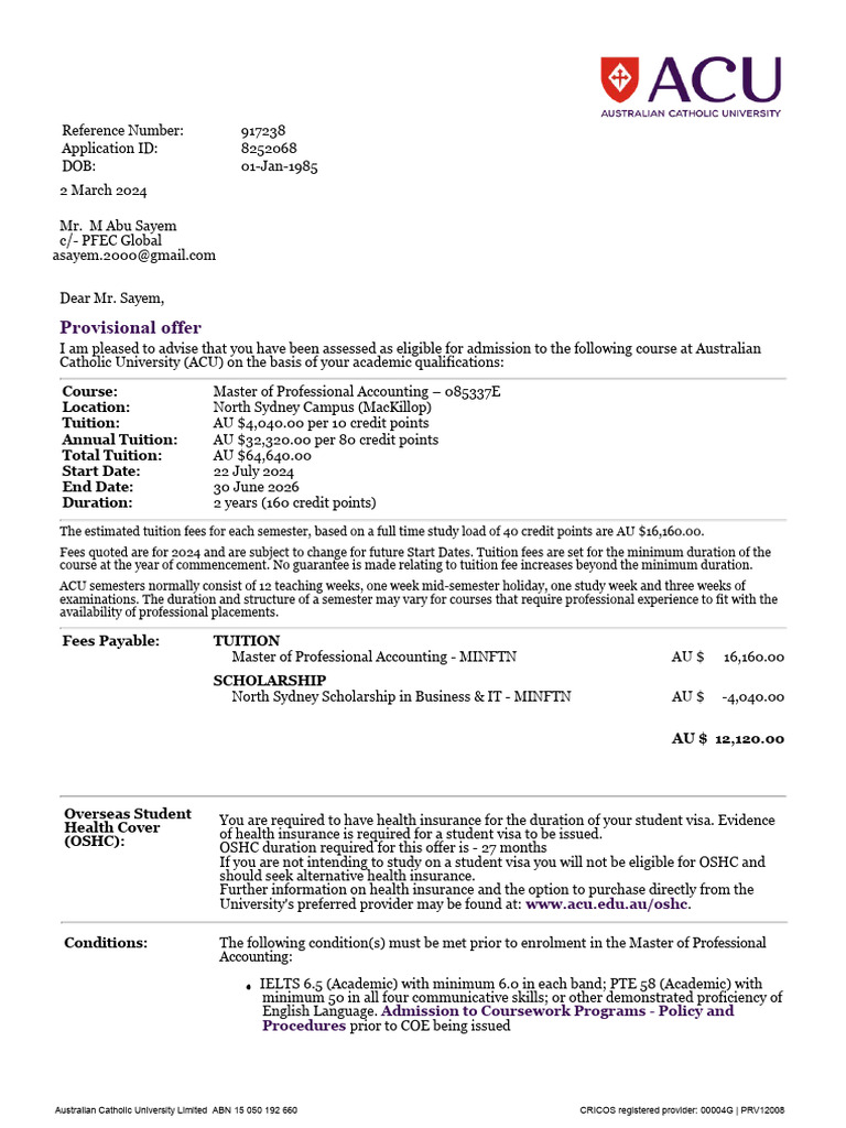 ACU Sayem - Mabu - MINFTN - Letter - of - Offer | Download Free PDF | Banks | Travel Visa