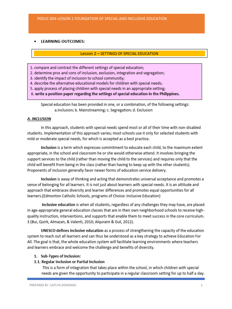 Lesson 2 Sped | PDF | Inclusion (Education) | Special Education