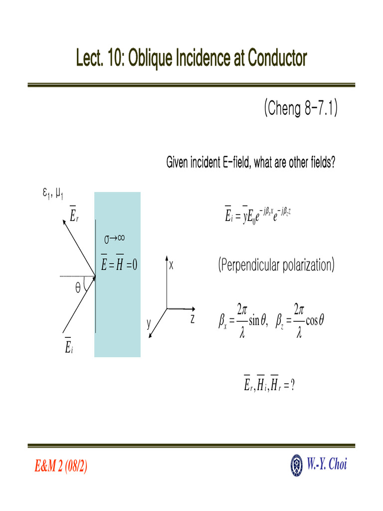 Lect 10 Oblique Incidence at Conductor | PDF | Polarization (Waves) | Equations