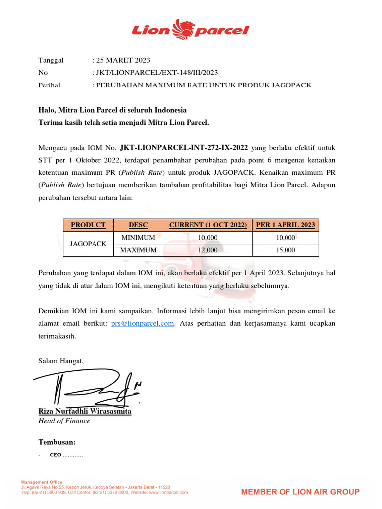 Kenaikan Tarif JAGOPACK Lion Parcel | PDF