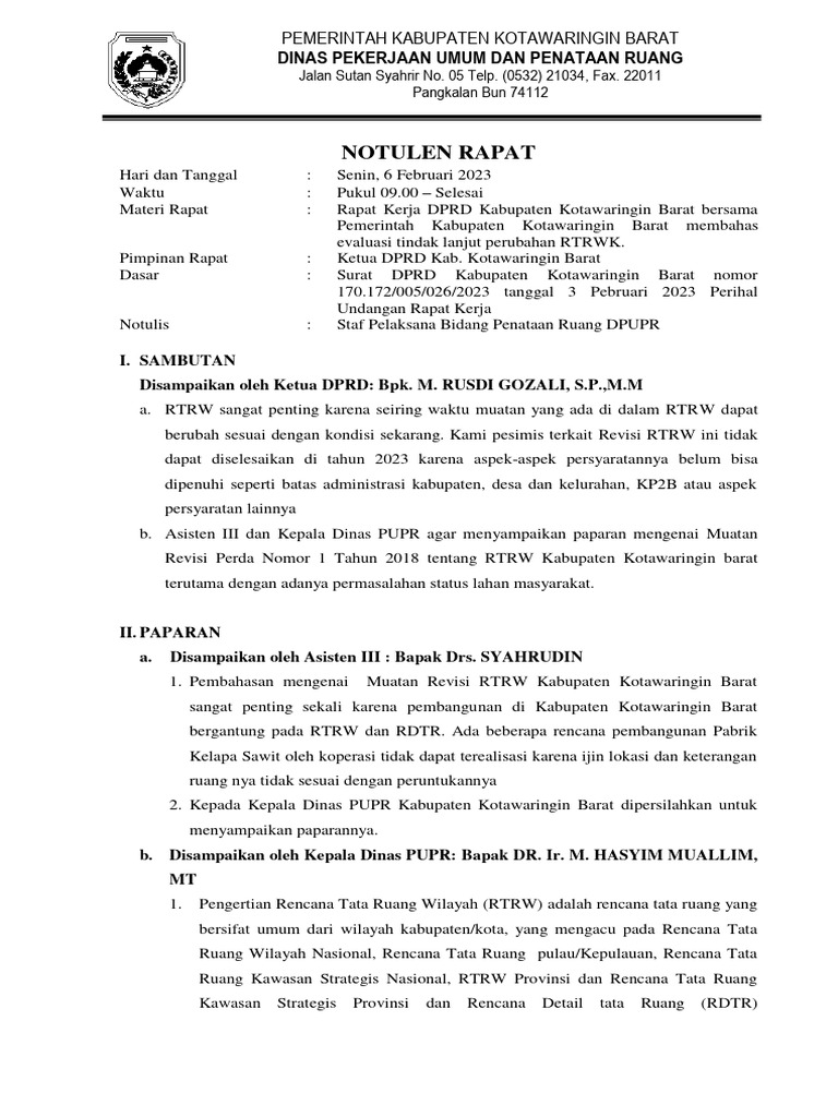 Notulen Rapat Revisi RTRW Kotawaringin | PDF | Pengelolaan Keuangan ...