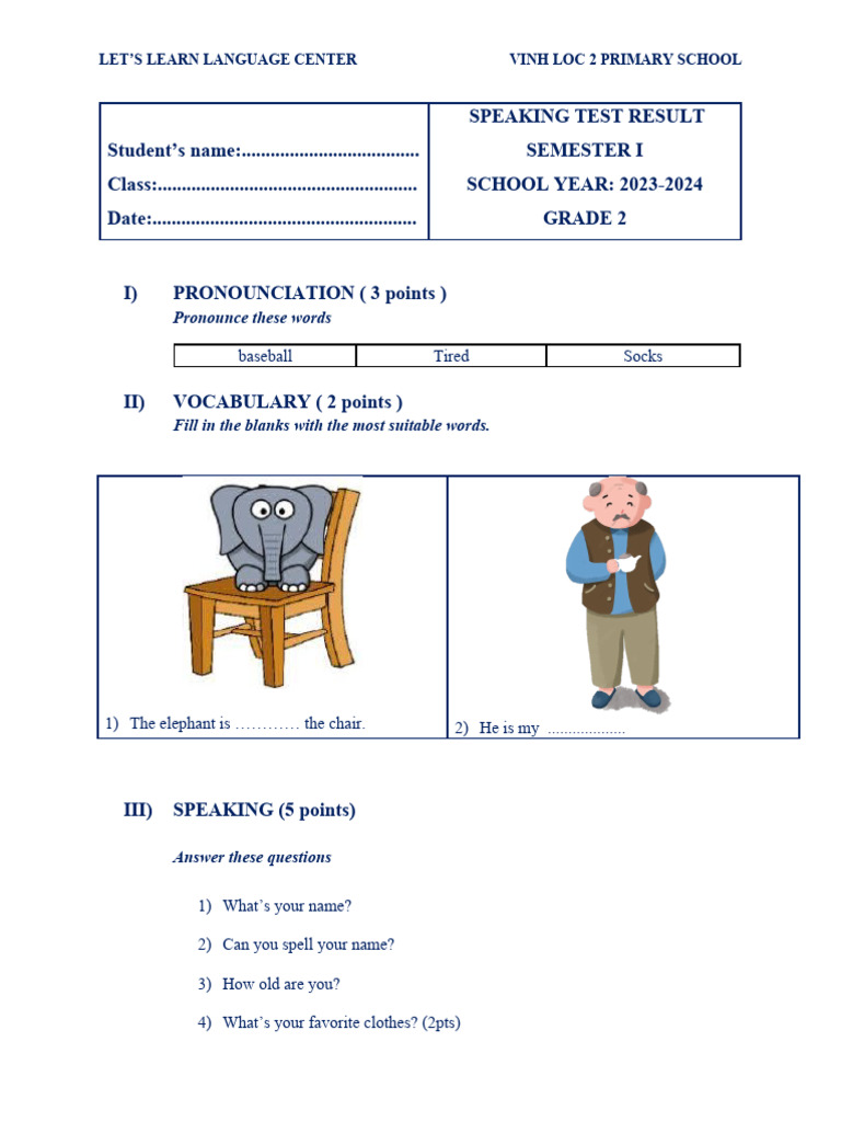 Vinh Loc 2 Final Speaking Test-Grade 2.Hk1 - De1 | PDF | Sports ...