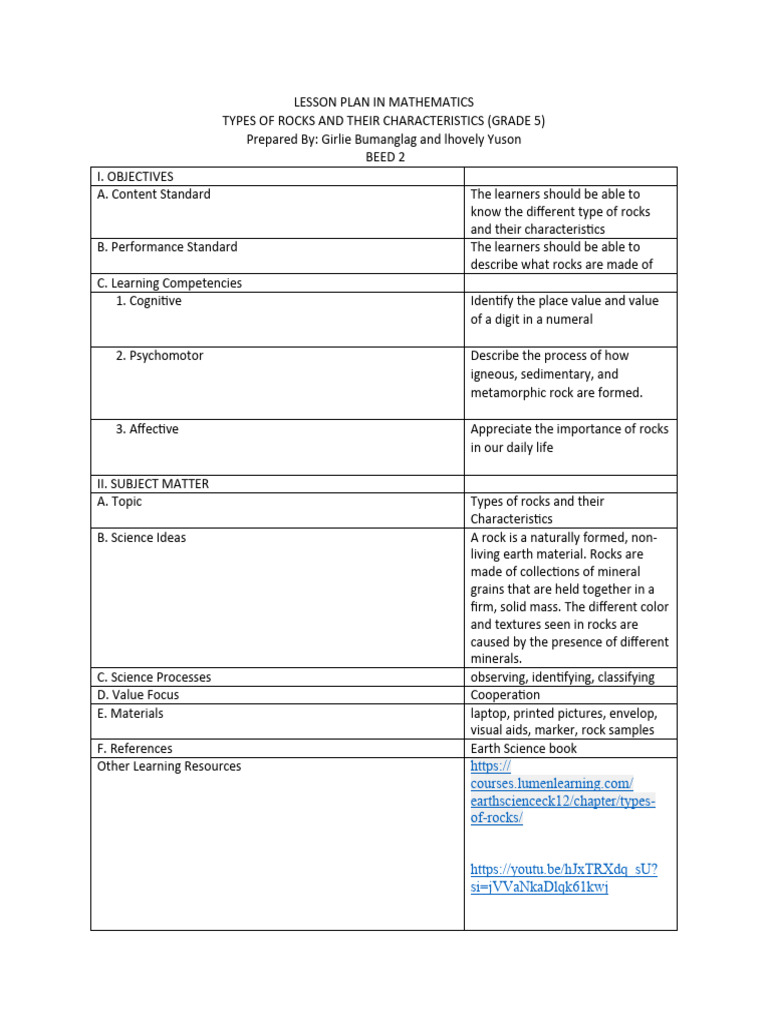 Grade 5 Rock Types Lesson Plan | PDF | Rock (Geology) | Sedimentary Rock