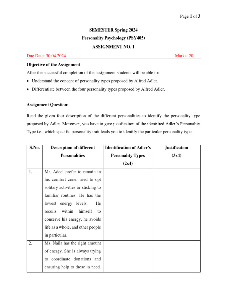 Spring 2024_PSY405_1 | PDF | Personality Type | Psychology