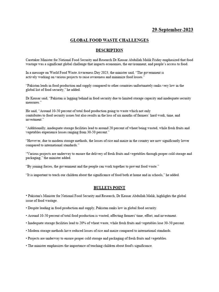 Global Food Waste Challenges 29-12-23 | PDF | Food Security | Vegetables