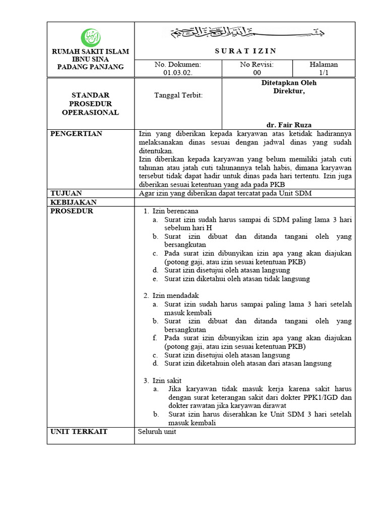 Prosedur Izin Karyawan RS Islam Ibnu Sina | PDF
