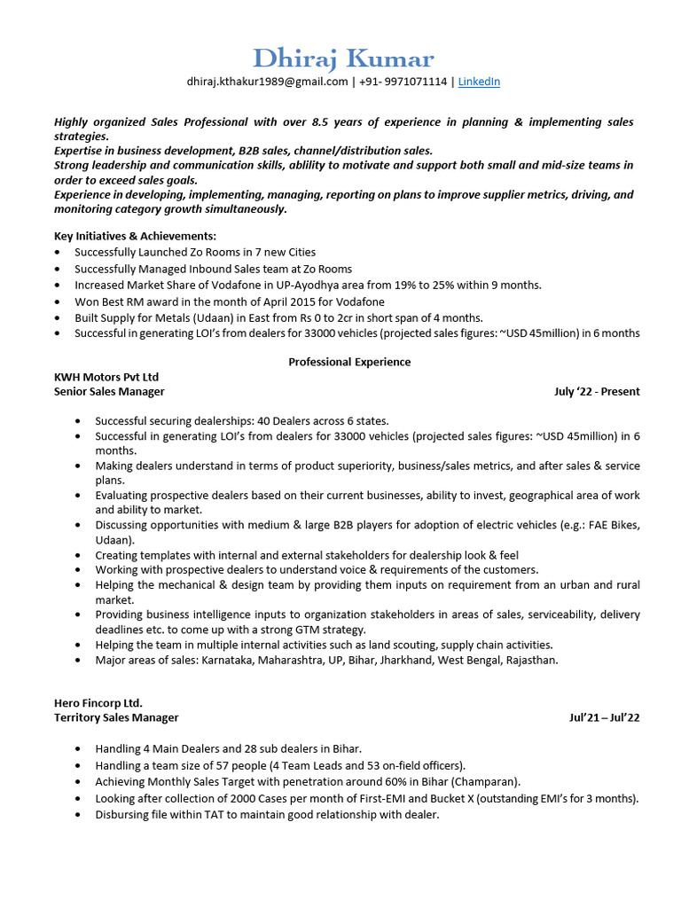 Resume - Dhiraj Kumar | Download Free PDF | Sales | Product (Business)
