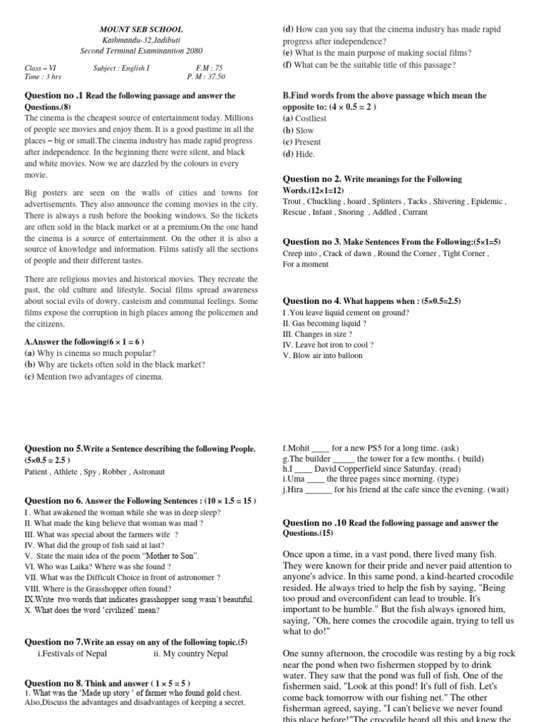 Class VI English Exam Paper | PDF