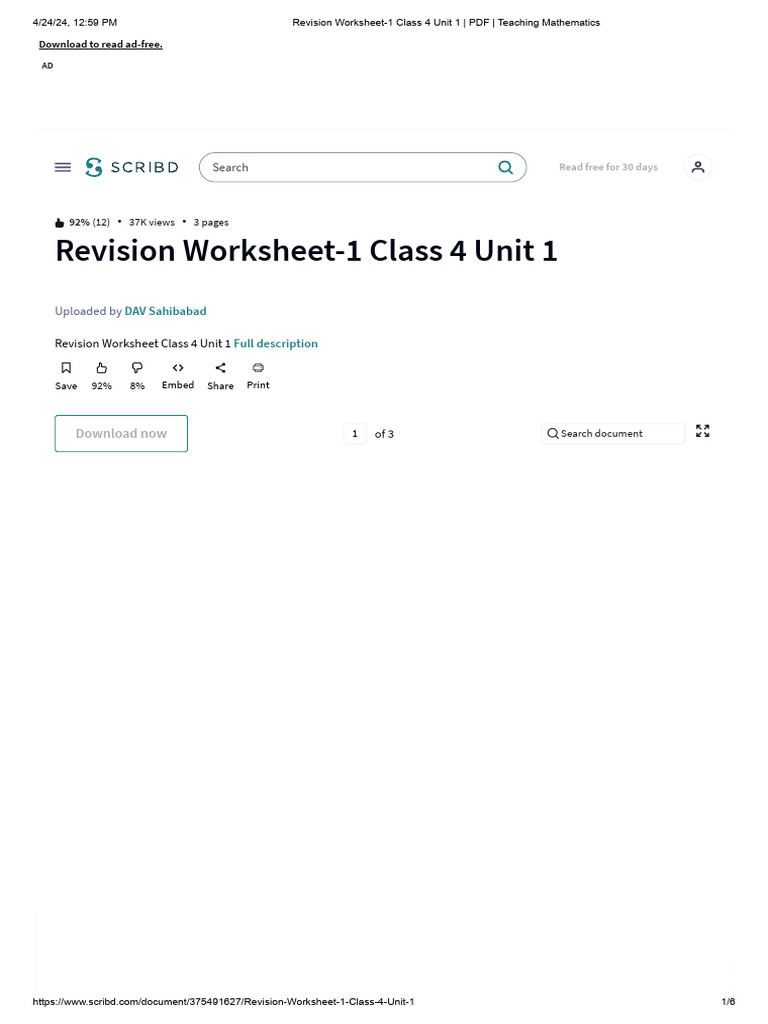 Revision Worksheet-1 Class 4 Unit 1 - PDF - Teaching Mathematics | PDF | Scribd | Online Services