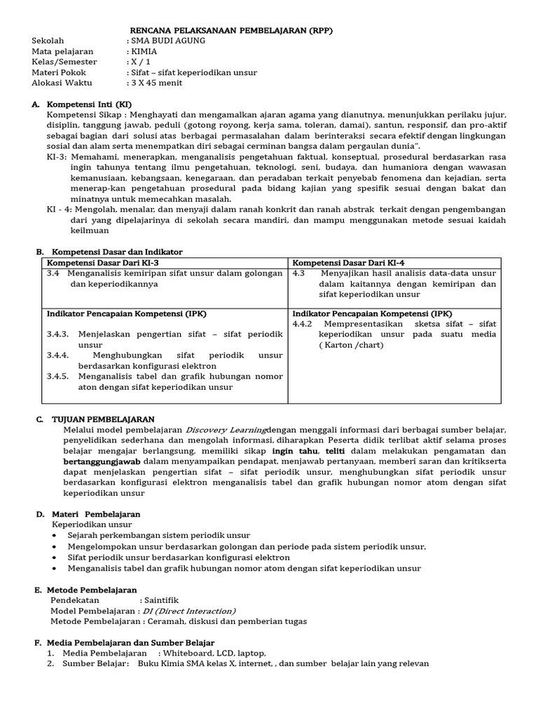 RPP Sifat Periodik Unsur | PDF | Seni & Disiplin Bahasa | Sains ...