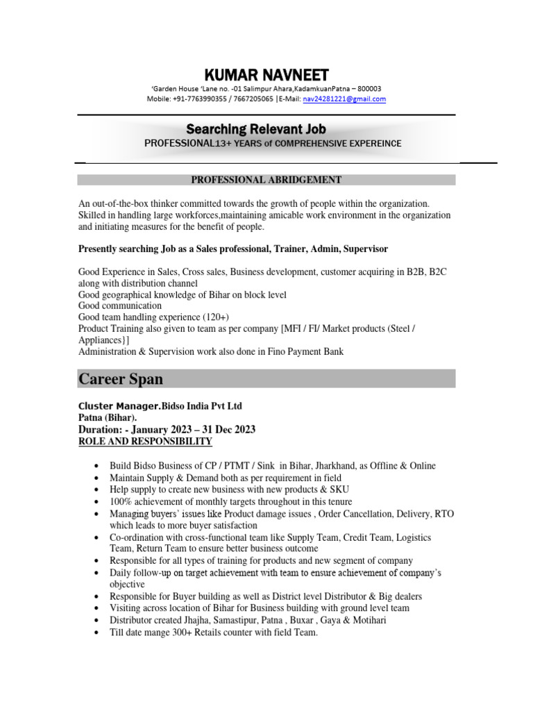 Kumar Navneet - RESUME. | PDF | Sales | Inventory