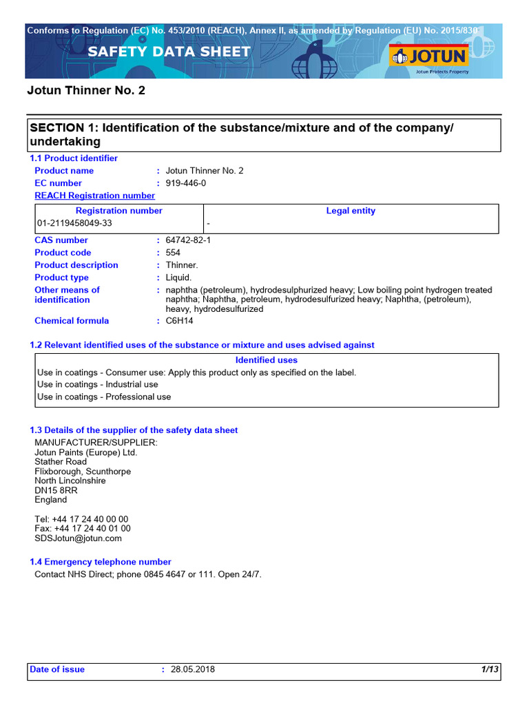 MSDS - Jotun-Thinner | PDF | Personal Protective Equipment | Chemistry MSDS - Jotun-Thinner | PDF | Personal Protective Equipment | Chemistry