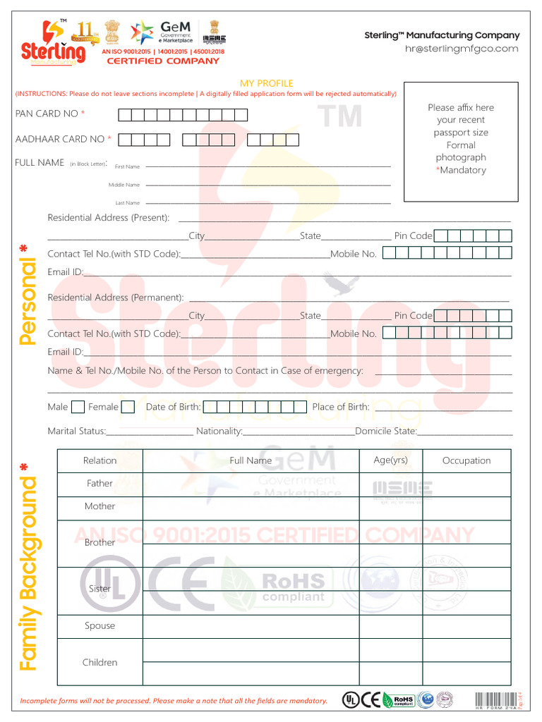 Sterling™ Manufacturing Company - HR Form 24A | PDF