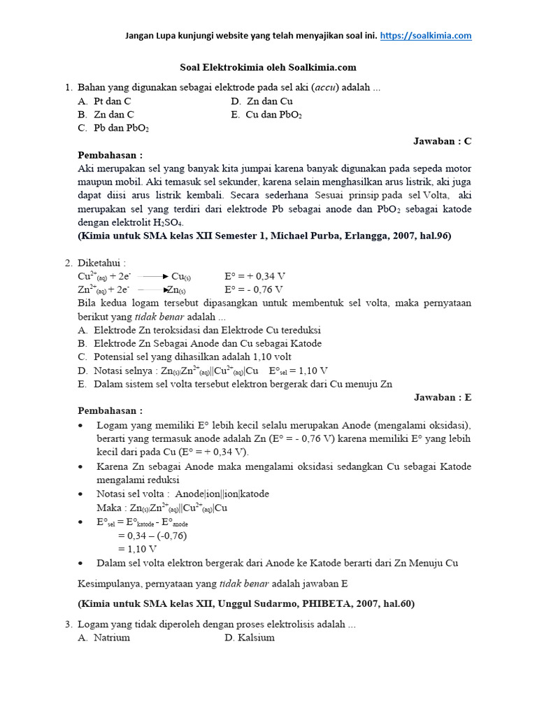 Soal Elektrokimia | PDF | Metode & Bahan Ajar | Sains & Matematika