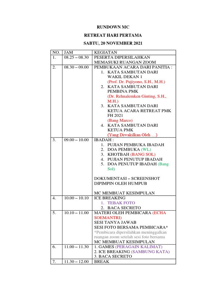 RUNDOWN MC HARI PERTAMA | PDF
