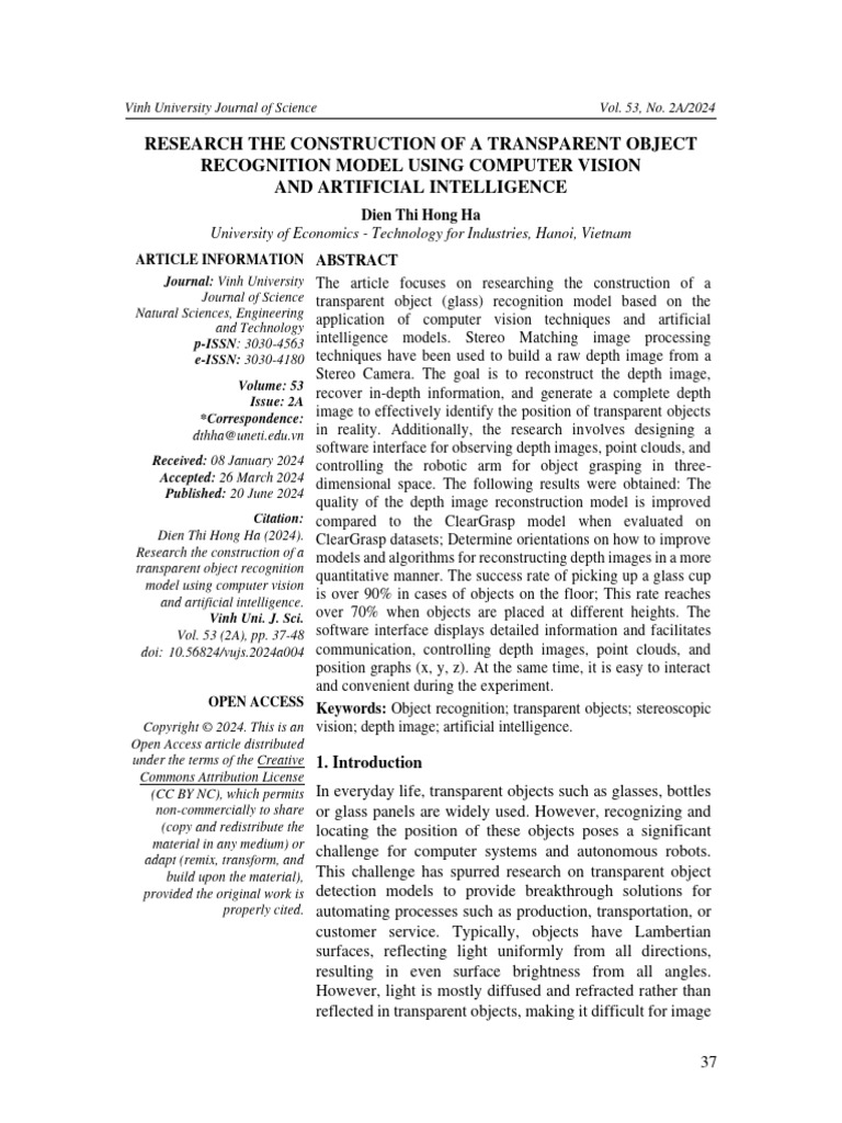 RESEARCH THE CONSTRUCTION OF A TRANSPARENT OBJECT RECOGNITION MODEL USING COMPUTER VISION AND ...