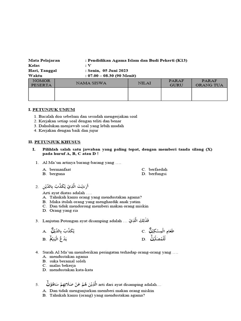 SOAL PAT PAI Kelas 5 - 2223 | PDF | Agama & Spiritualitas