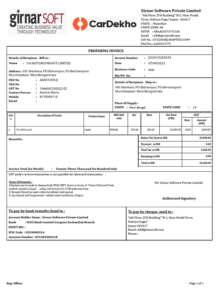 CarDekho Proforma Invoice | PDF | Invoice | Cheque