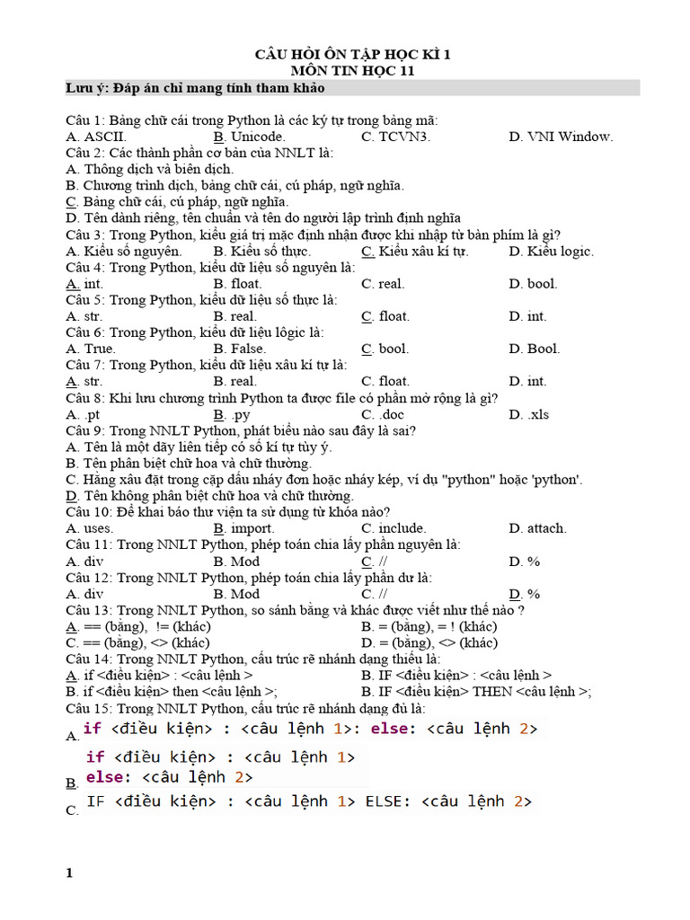 Tin 11 Ôn Tập Cuối Kì 1 - gui Hs | PDF