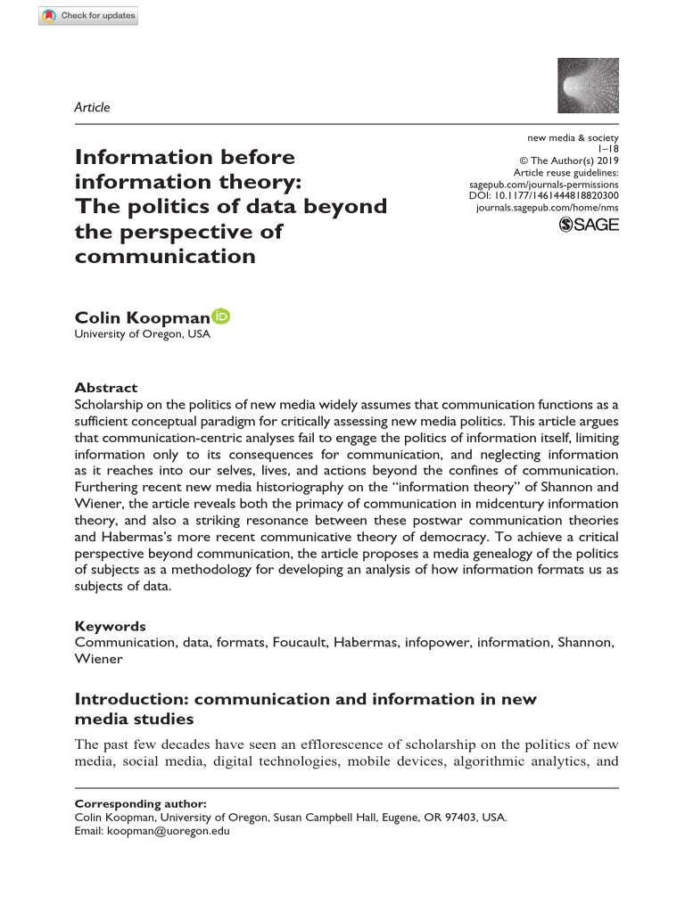 Koopman - Information Before Information Theory | PDF | Communication