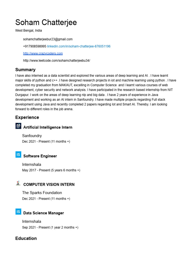 Soham CV | PDF | Artificial Intelligence | Intelligence (AI) & Semantics