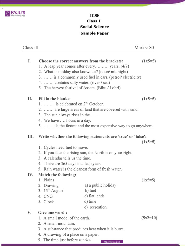 ICSE Class 2 Social Science Sample Paper | PDF