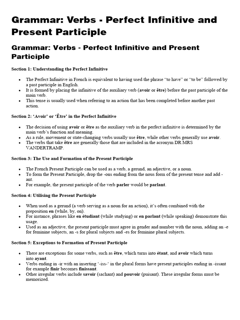 Grammar Verbs - Perfect Infinitive and Present Participle | PDF | Language Arts & Discipline ...