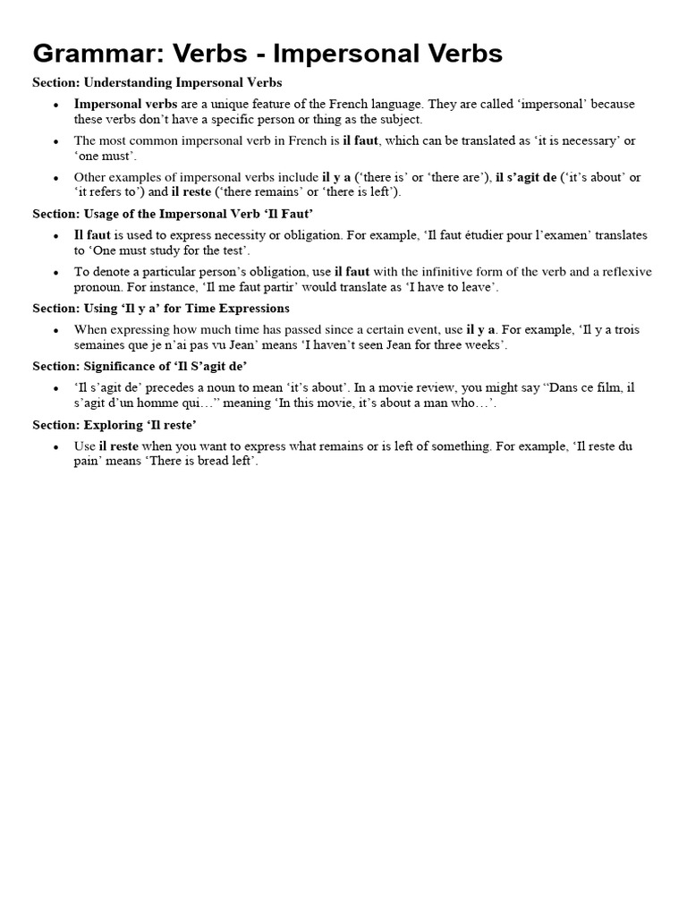 Grammar Verbs - Impersonal Verbs | PDF