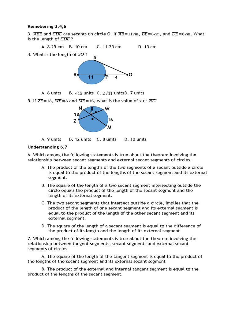 Secant and Tangent Theorems Practice | PDF | Trigonometric Functions ...