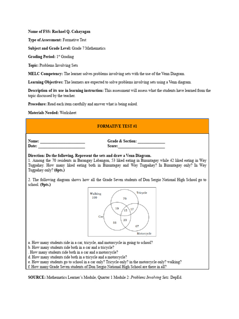Grade 7 Math Formative Assessments | PDF | Set (Mathematics) | Circle