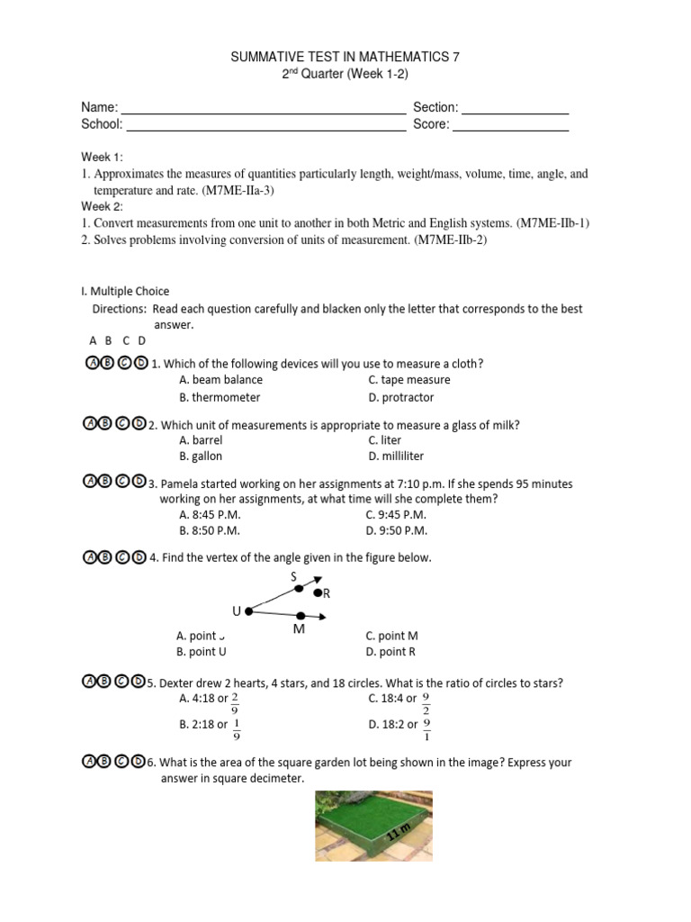 Math7 - Q2 Summative Test 1 1 | PDF | Angle | Measurement