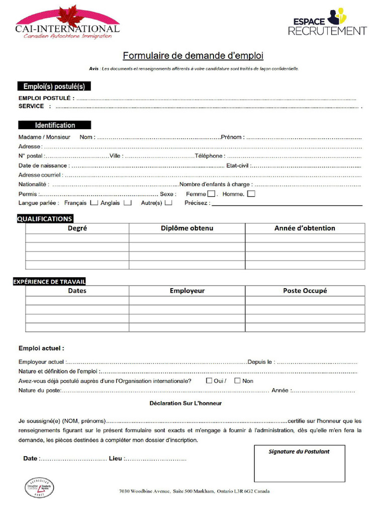 Formulaire de Demande D'emploi CAI Français | PDF
