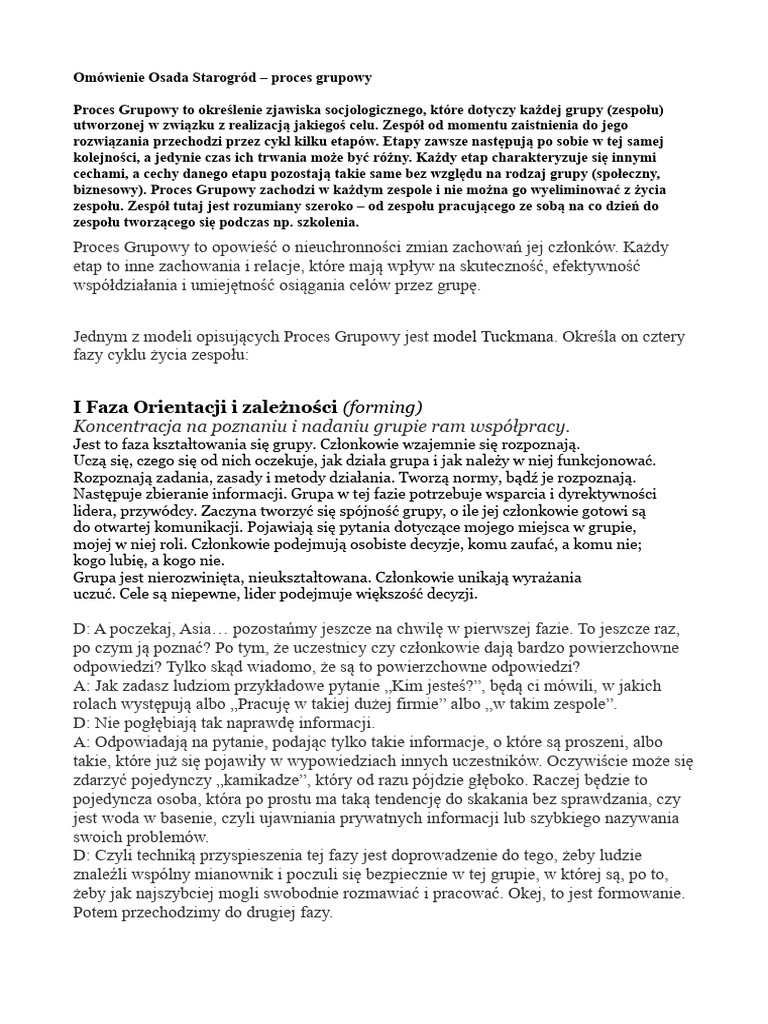 Omowienie Fazy Grupy Osada Starogrof | PDF