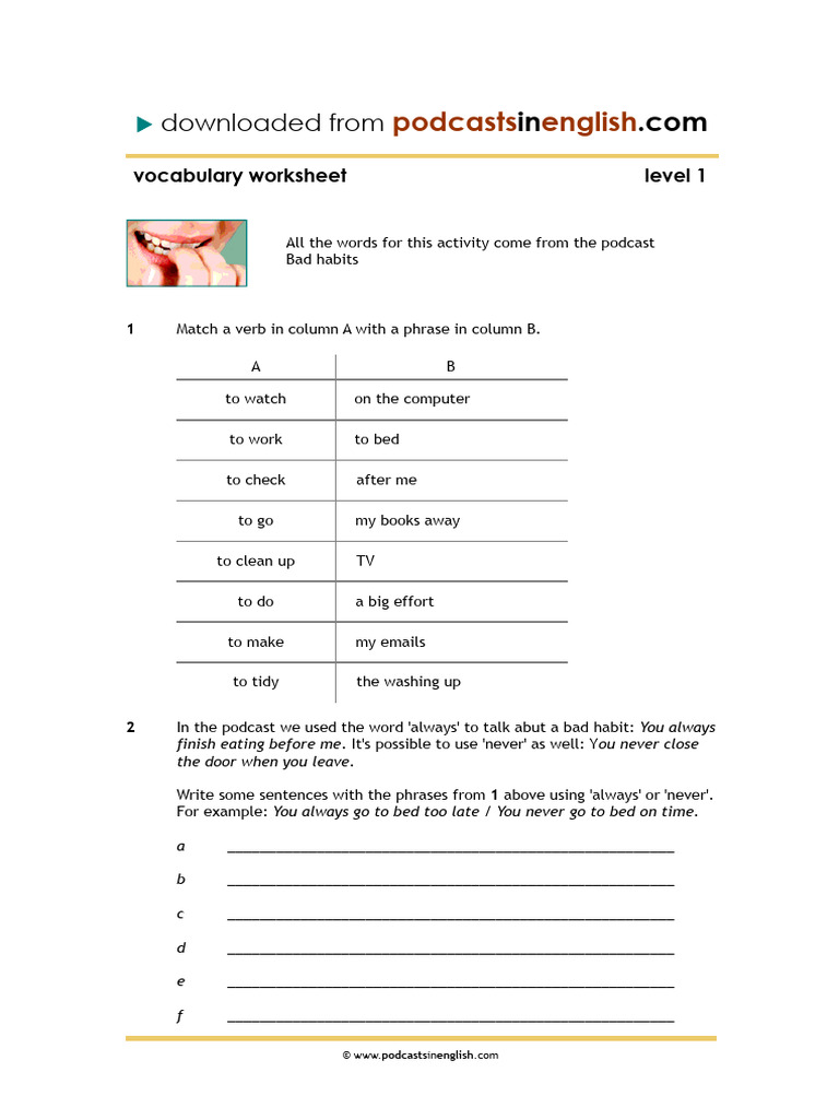 Bad Habits Vocabulary Worksheet | PDF