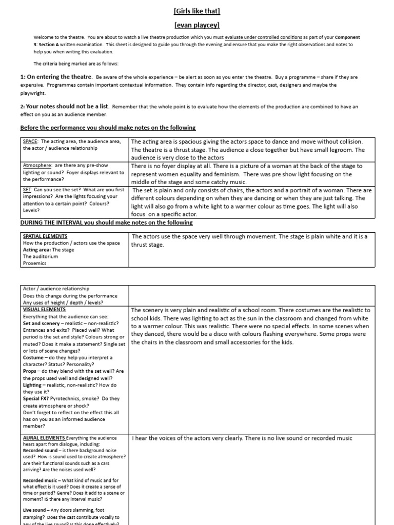 Generic Notes Sheet For Live Theatre Performance | PDF | Sound | Actor
