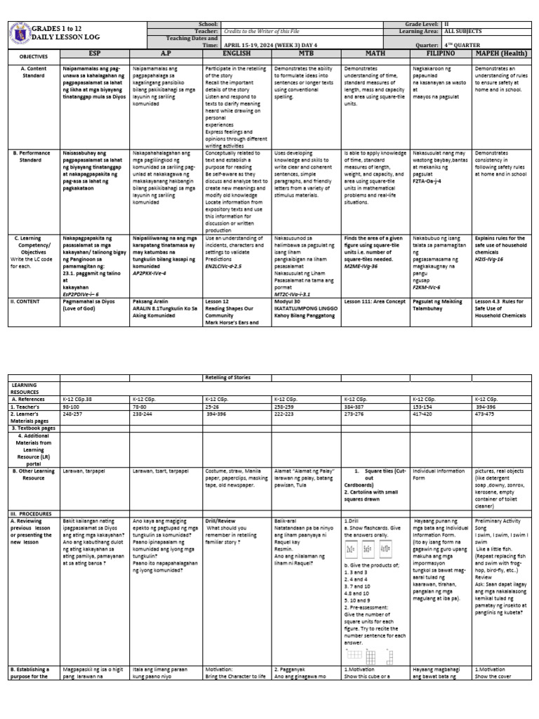 DLL - All Subjects 2 - Q4 - W3 - D4 | PDF