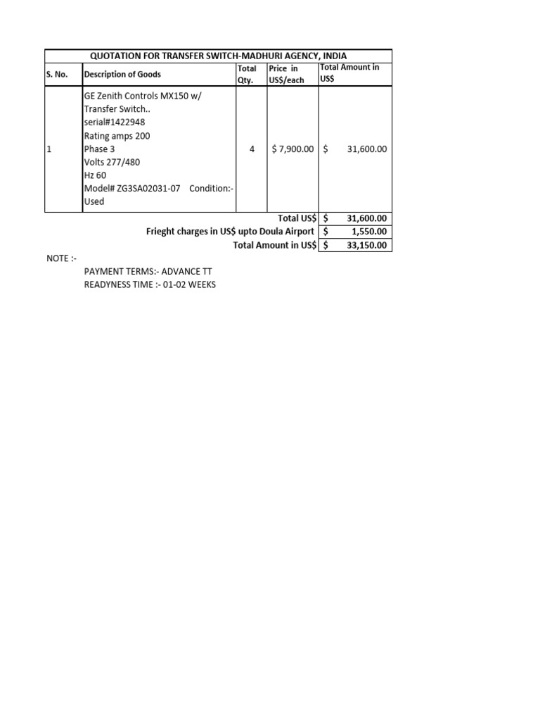 Quotation For Transfer Switch | PDF | Technology & Engineering