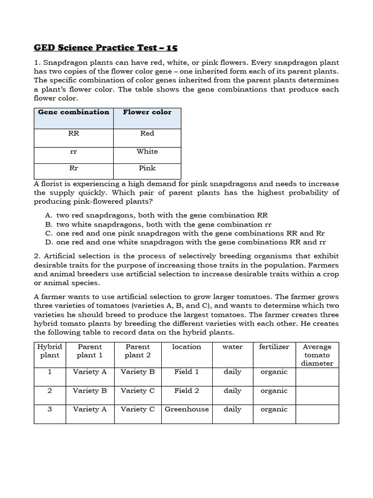 GED Science Practice Test - 15 | PDF | Selective Breeding | Water