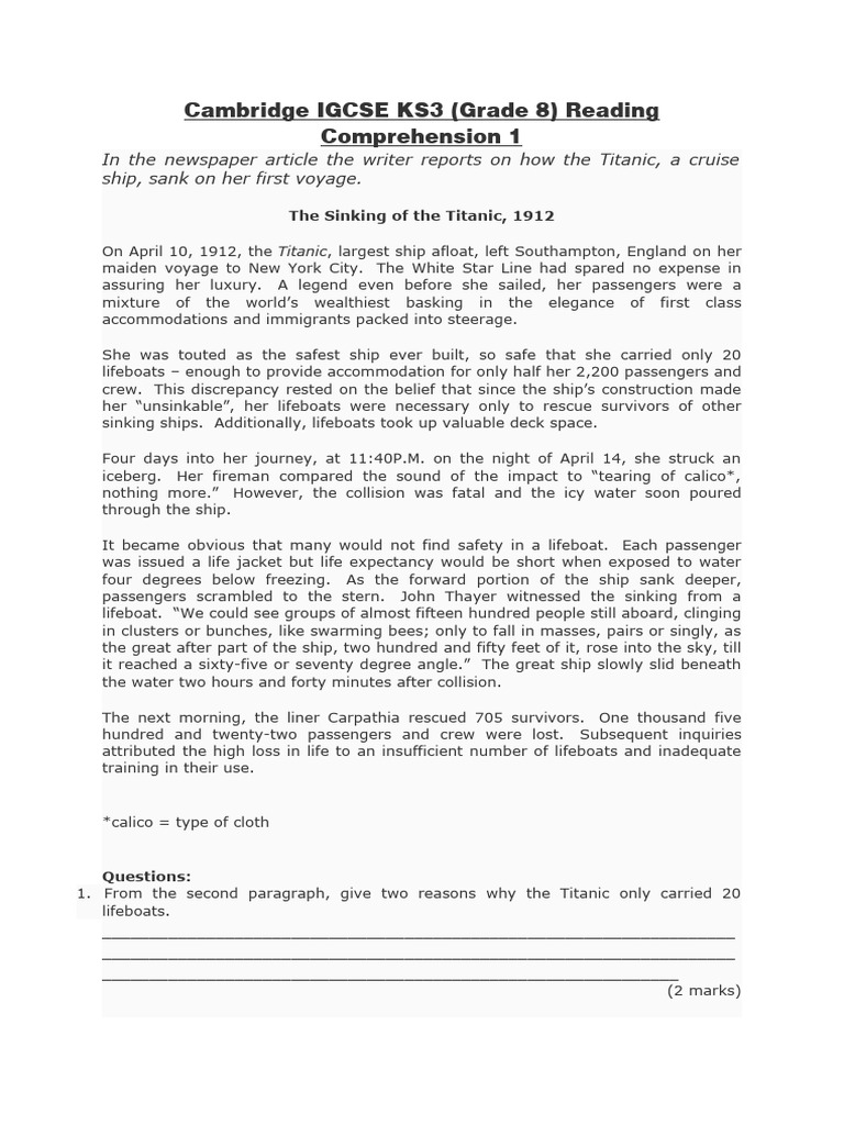 Reading Comprehension Cambridge IGCSE KS3 | Download Free PDF | Water ...