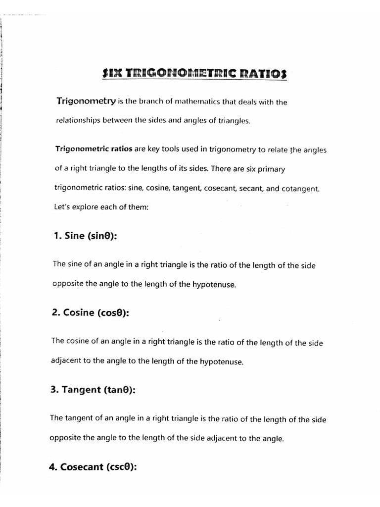 Six Trigonometric Ratios Pdf